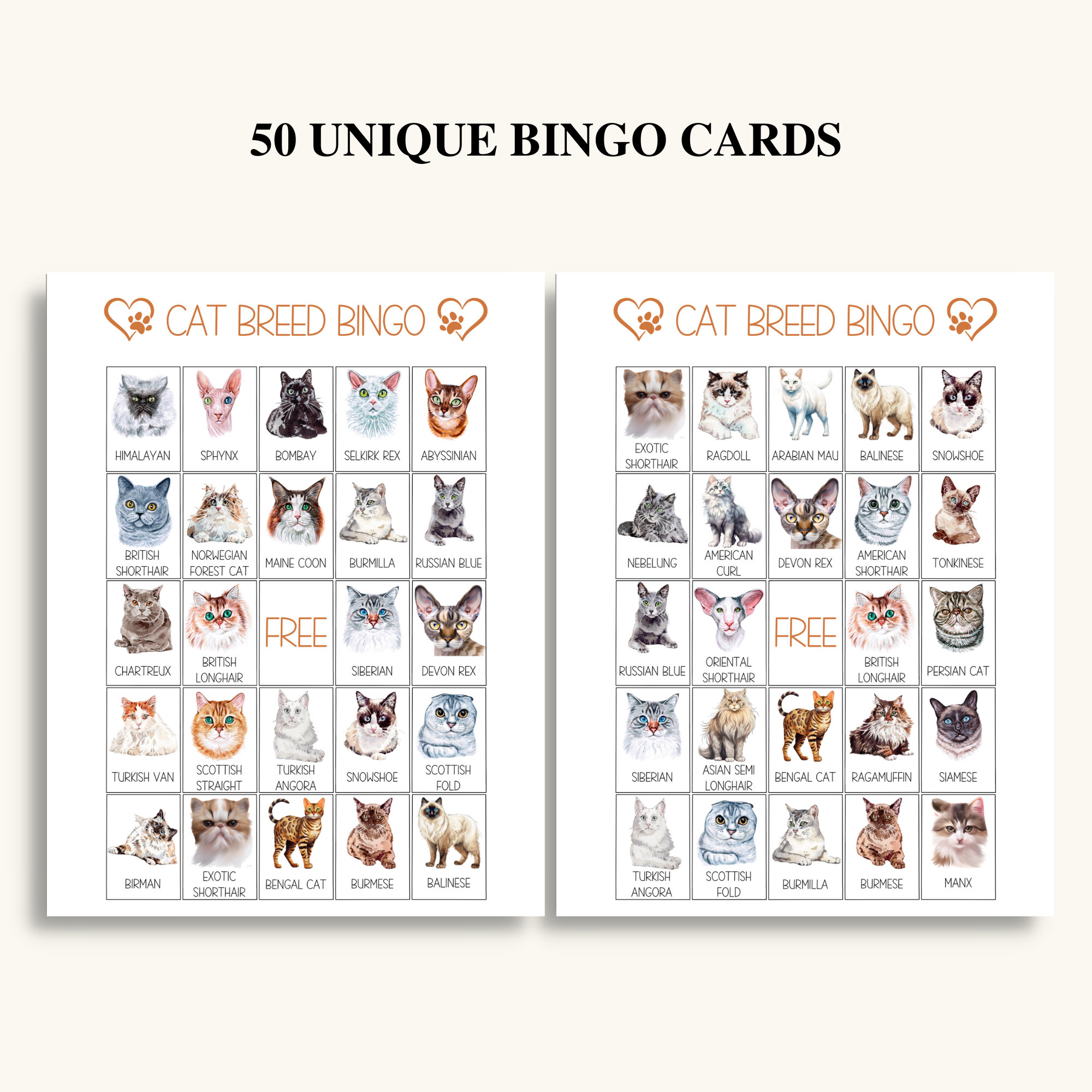 50 Printable Cat Breed Picture Bingo Cards: US Letter 8.5x11 DOWNLOAD ...