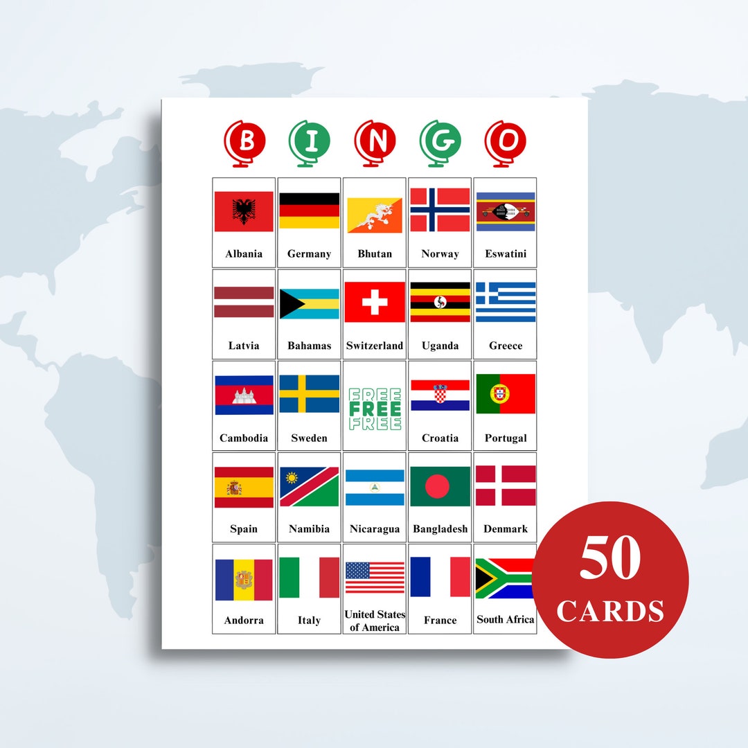 50 Printable World Flags Picture Bingo Cards, Classroom Games, World ...