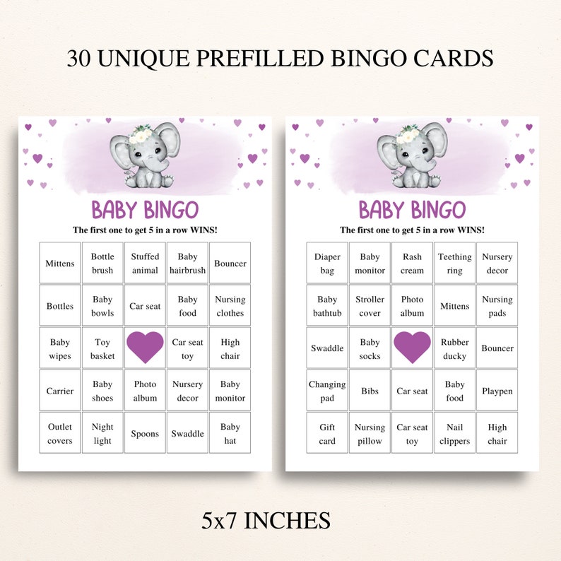 30 Printable Purple Elephant Baby Shower Bingo Cards 5x7'' Prefilled ...