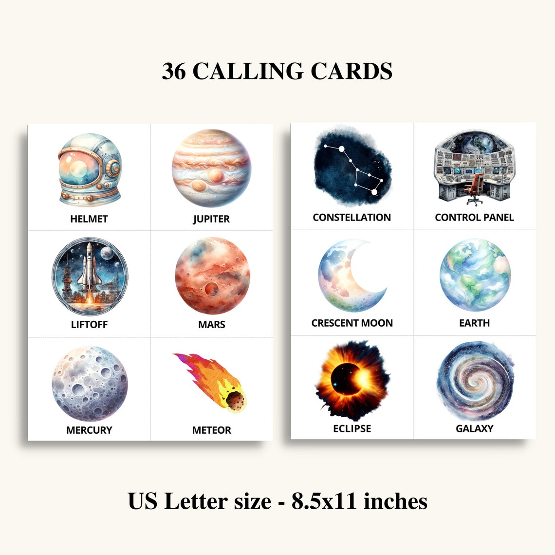 50 Printable Outer Space Bingo Cards Astronaut Picture Bingo Space ...