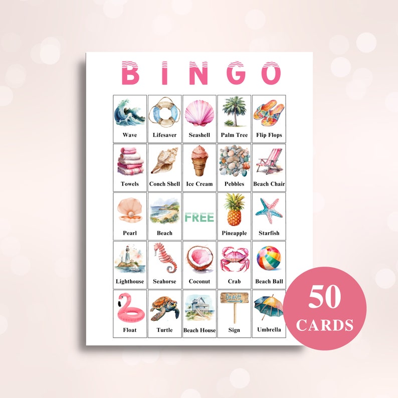 50 Printable Beach Picture Bingo Cards: US Letter 8.5x11 DOWNLOAD - Etsy