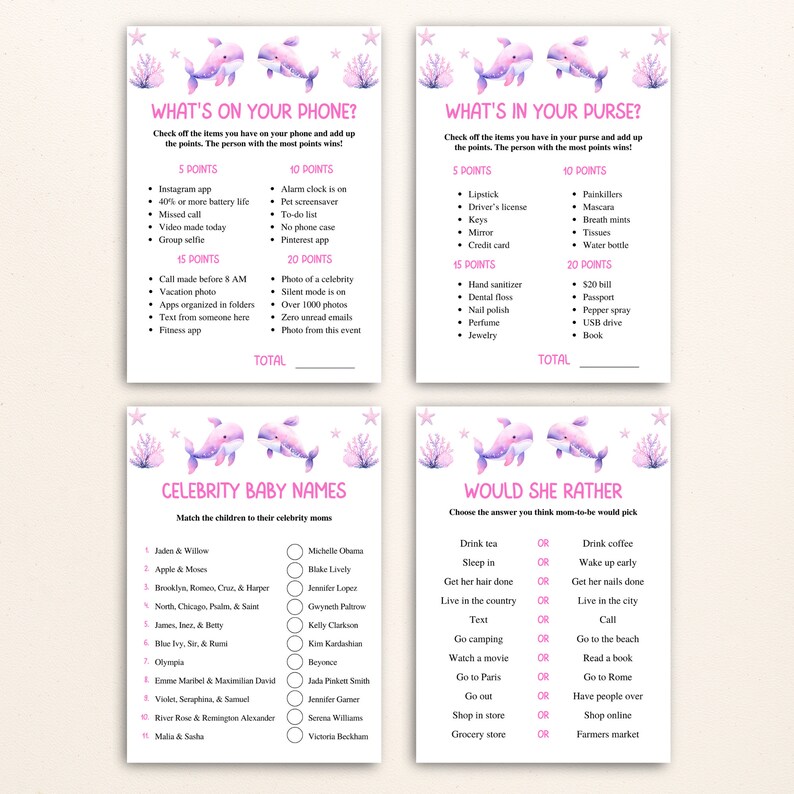 16 Printable Under the Sea Baby Shower Games, Pink Whale Baby Shower ...