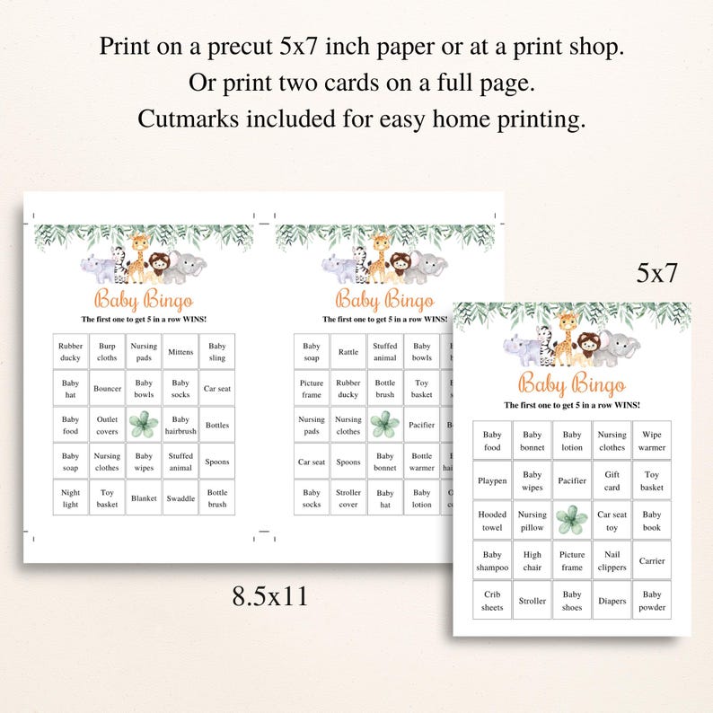 100 Printable Safari Baby Shower Bingo Cards: Prefilled Gift Bingo ...