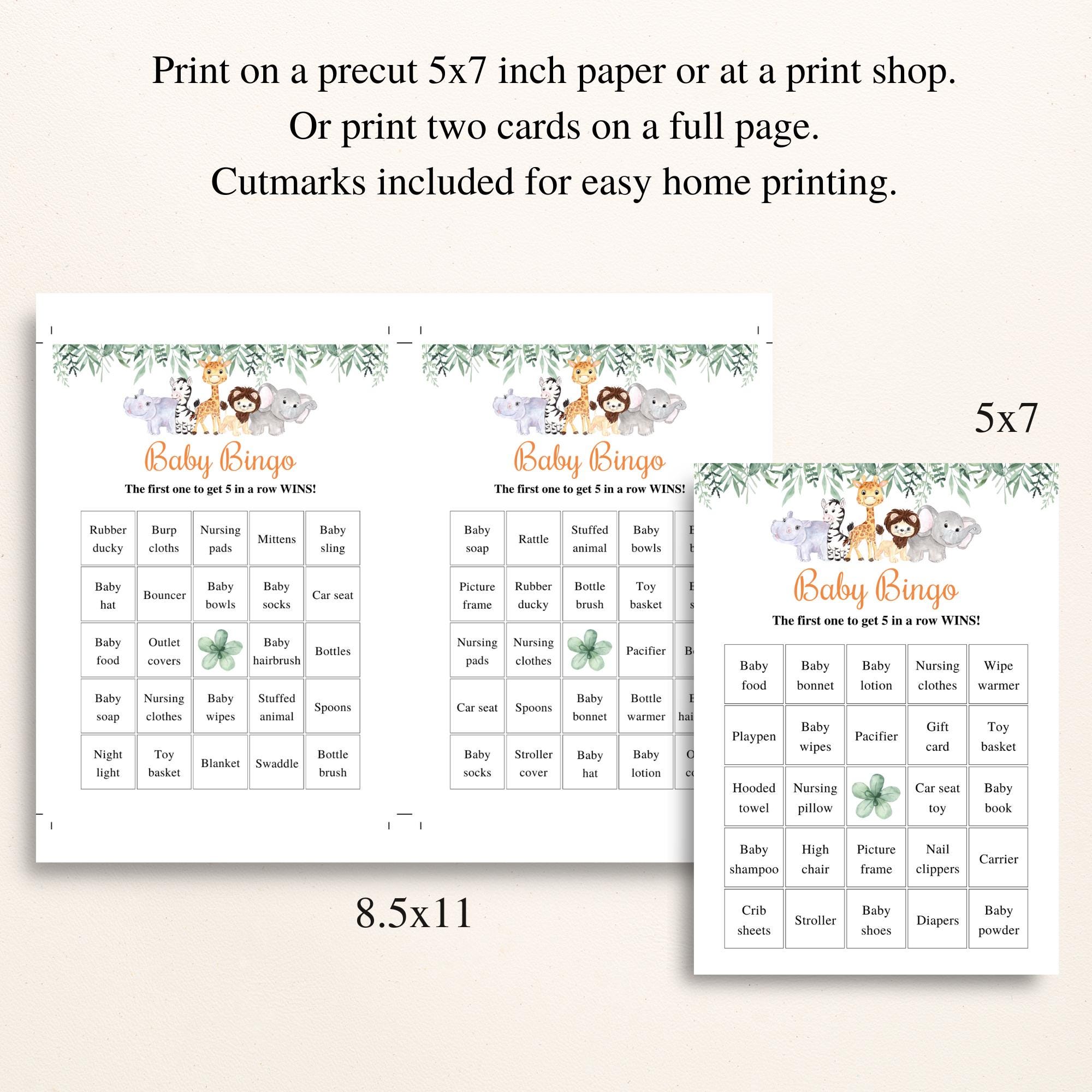 100 Printable Safari Baby Shower Bingo Cards, Prefilled Baby Gift Bingo ...
