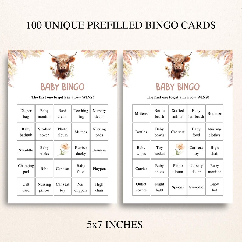 100 Printable Highland Cow Baby Shower Bingo Cards, Prefilled Baby ...