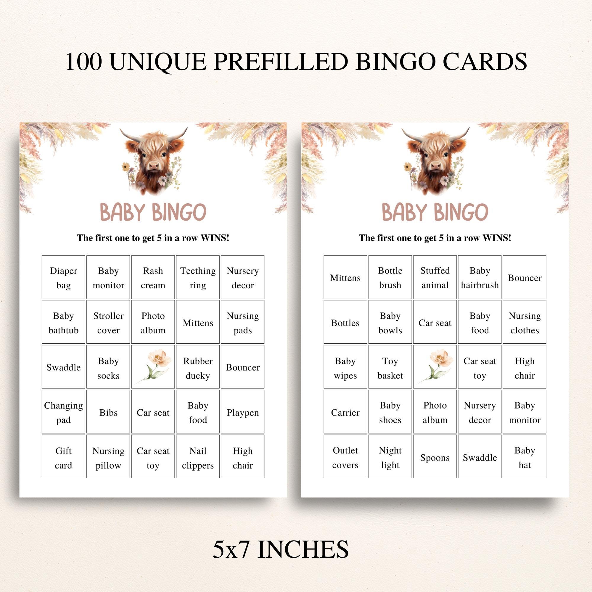100 Printable Highland Cow Baby Shower Bingo Cards, Prefilled Baby ...