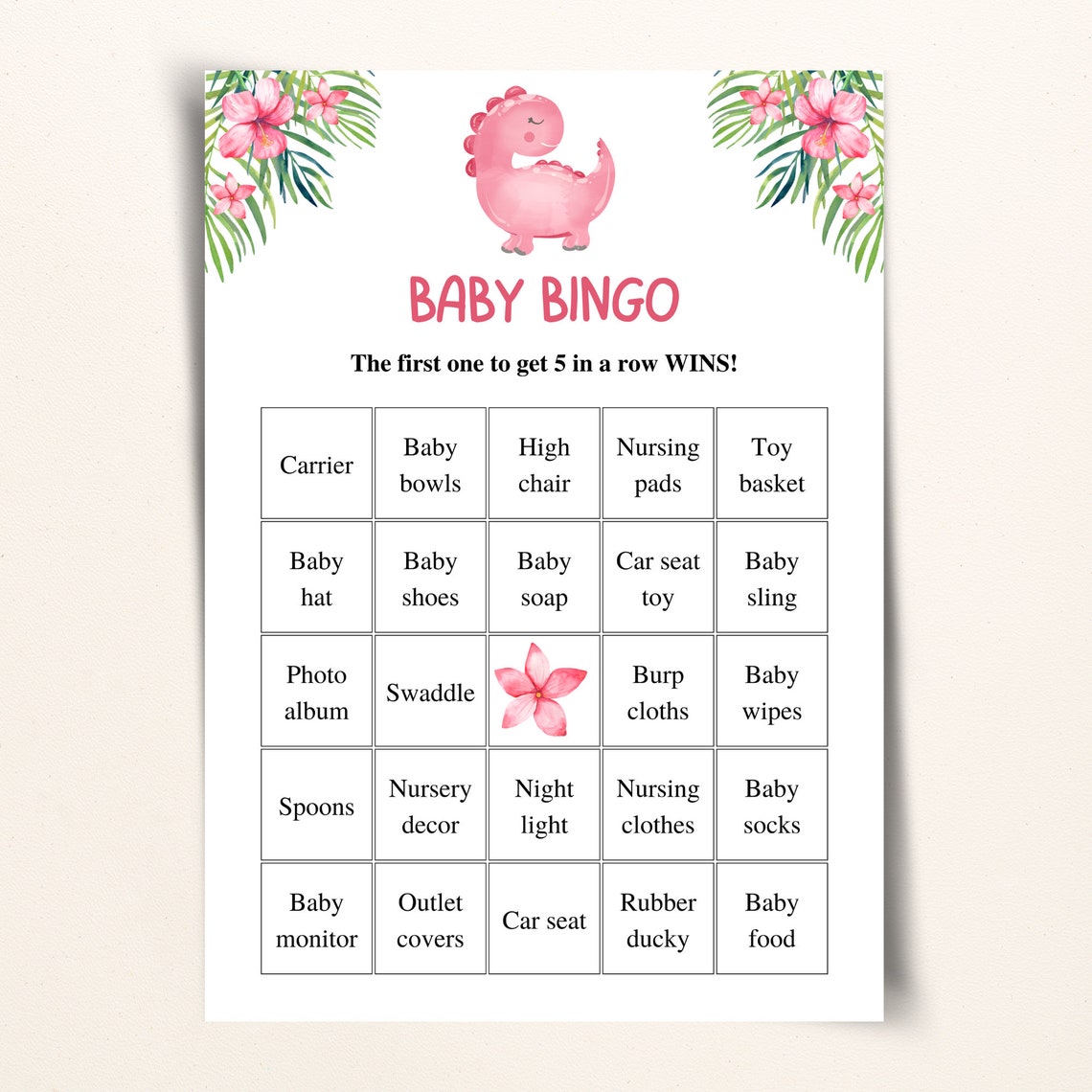 30 Printable Pink Dinosaur Baby Shower Bingo Cards 5x7'' Prefilled Baby ...