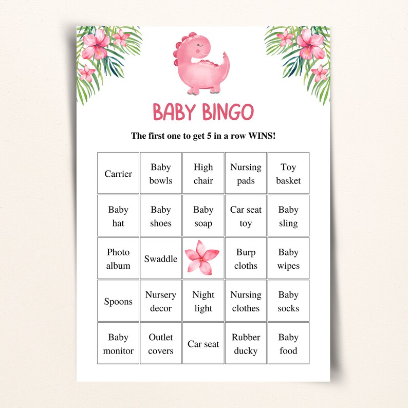 30 Printable Pink Dinosaur Baby Shower Bingo Cards 5x7'' Prefilled Baby ...