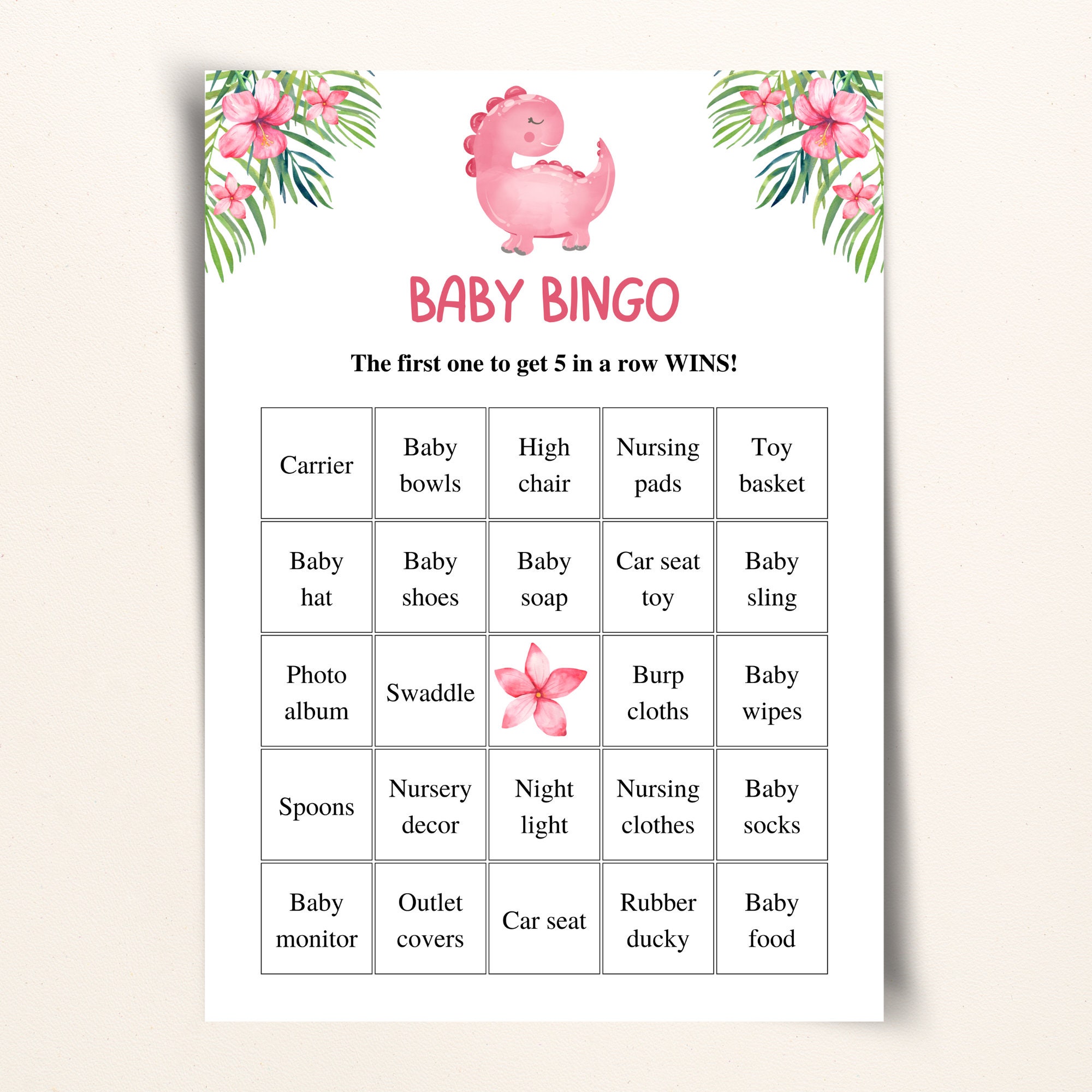 30 Printable Pink Dinosaur Baby Shower Bingo Cards 5x7'' Prefilled Baby ...