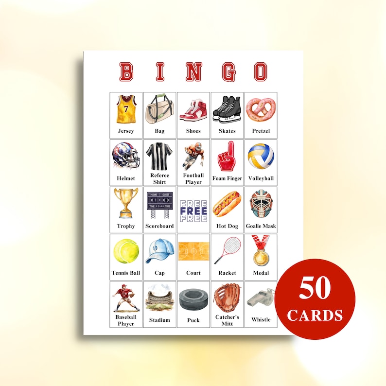 50 Printable Sports Bingo Cards | Sports Themed Picture Bingo ...