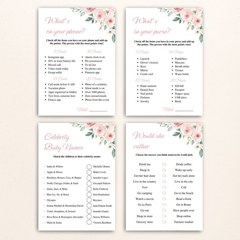 16 Printable Floral Baby Shower Games, Blush Pink Baby Shower Game ...