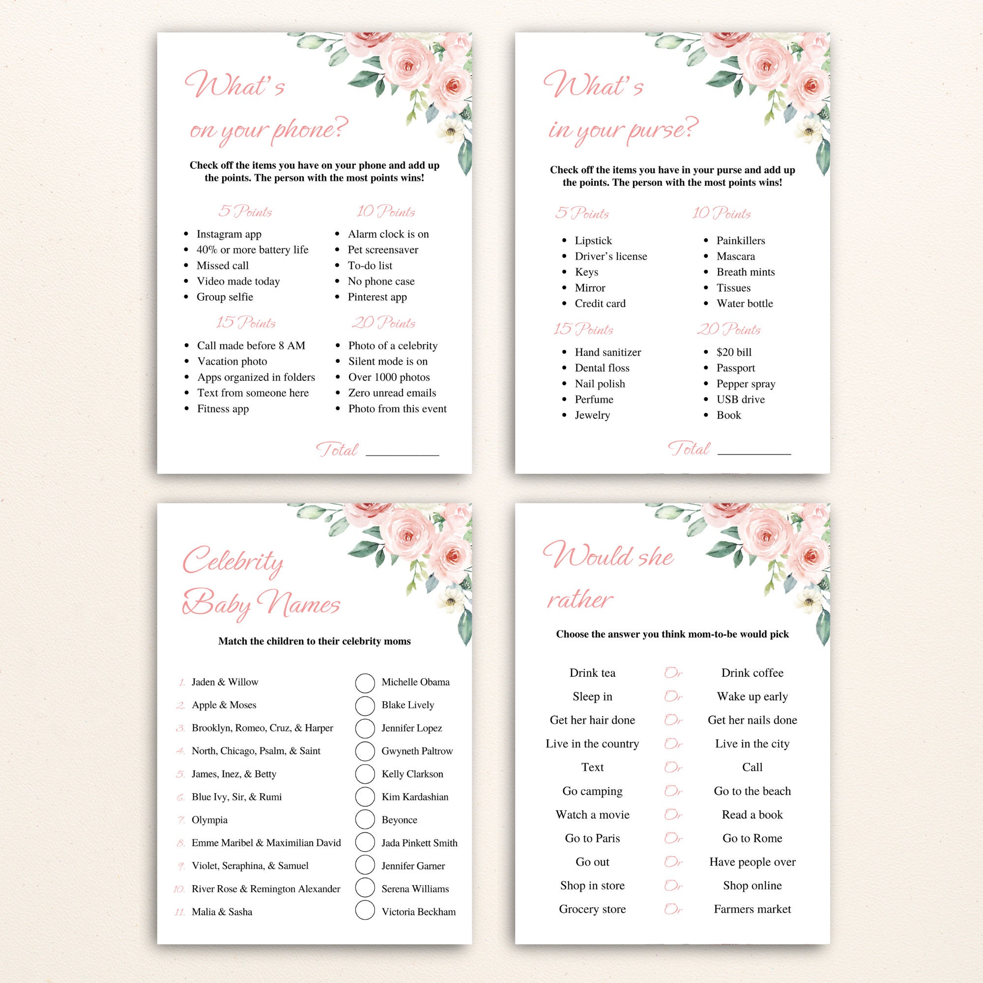 16 Printable Floral Baby Shower Games, Blush Pink Baby Shower Game ...