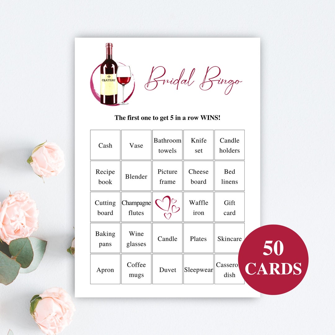 50 Printable Wine Bridal Shower Bingo Cards, Prefilled Bridal Shower ...
