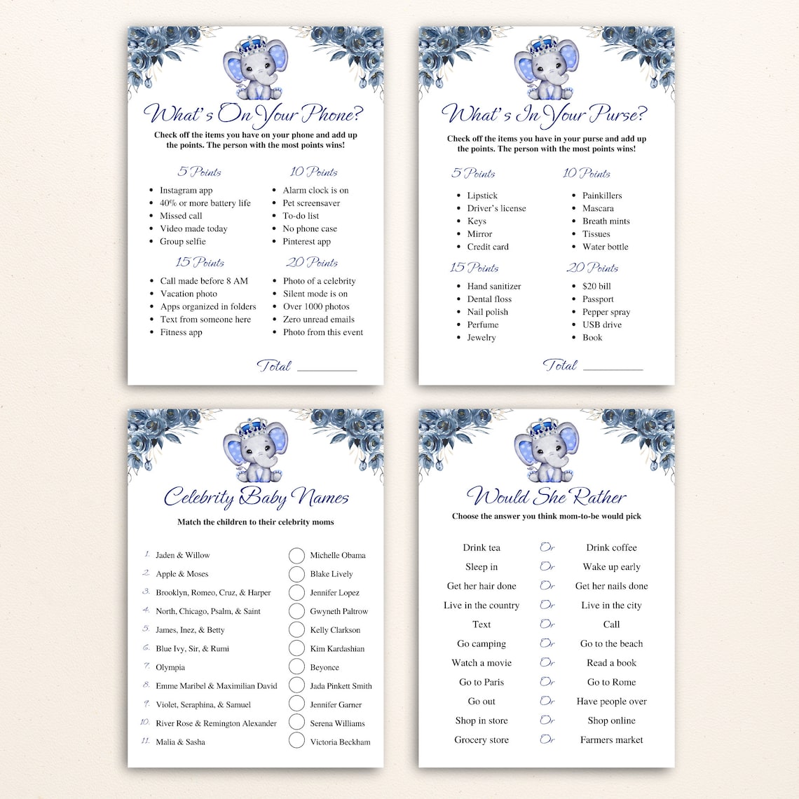 16 Printable Royal Blue Baby Shower Games Boy Elephant Baby - Etsy