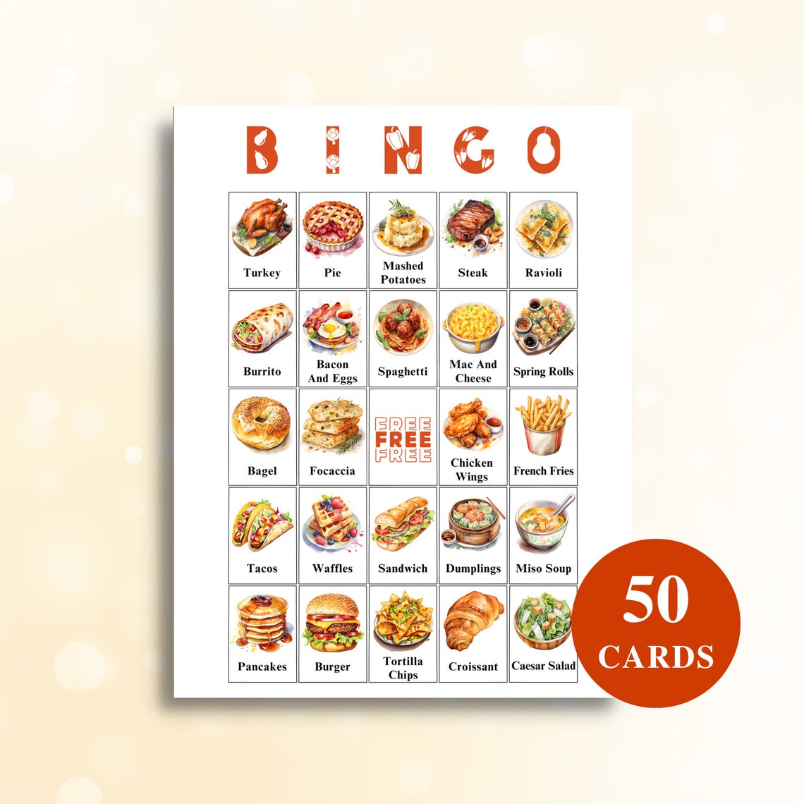 50 Printable Food Picture Bingo Cards, Food Bingo, Dinner Party Games ...
