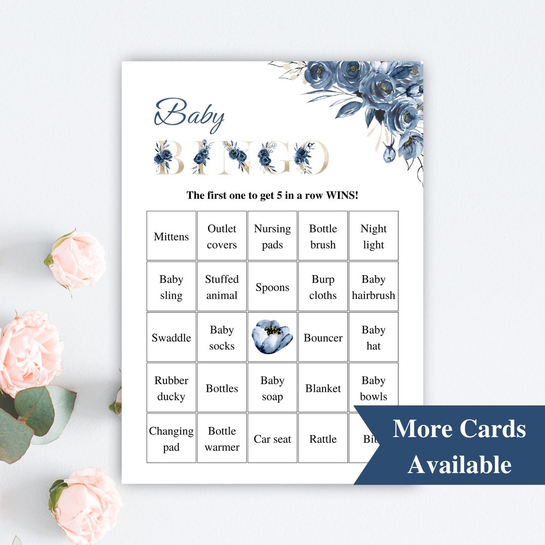 30 Printable Navy Blue Baby Shower Bingo Cards: Prefilled Gift Bingo ...