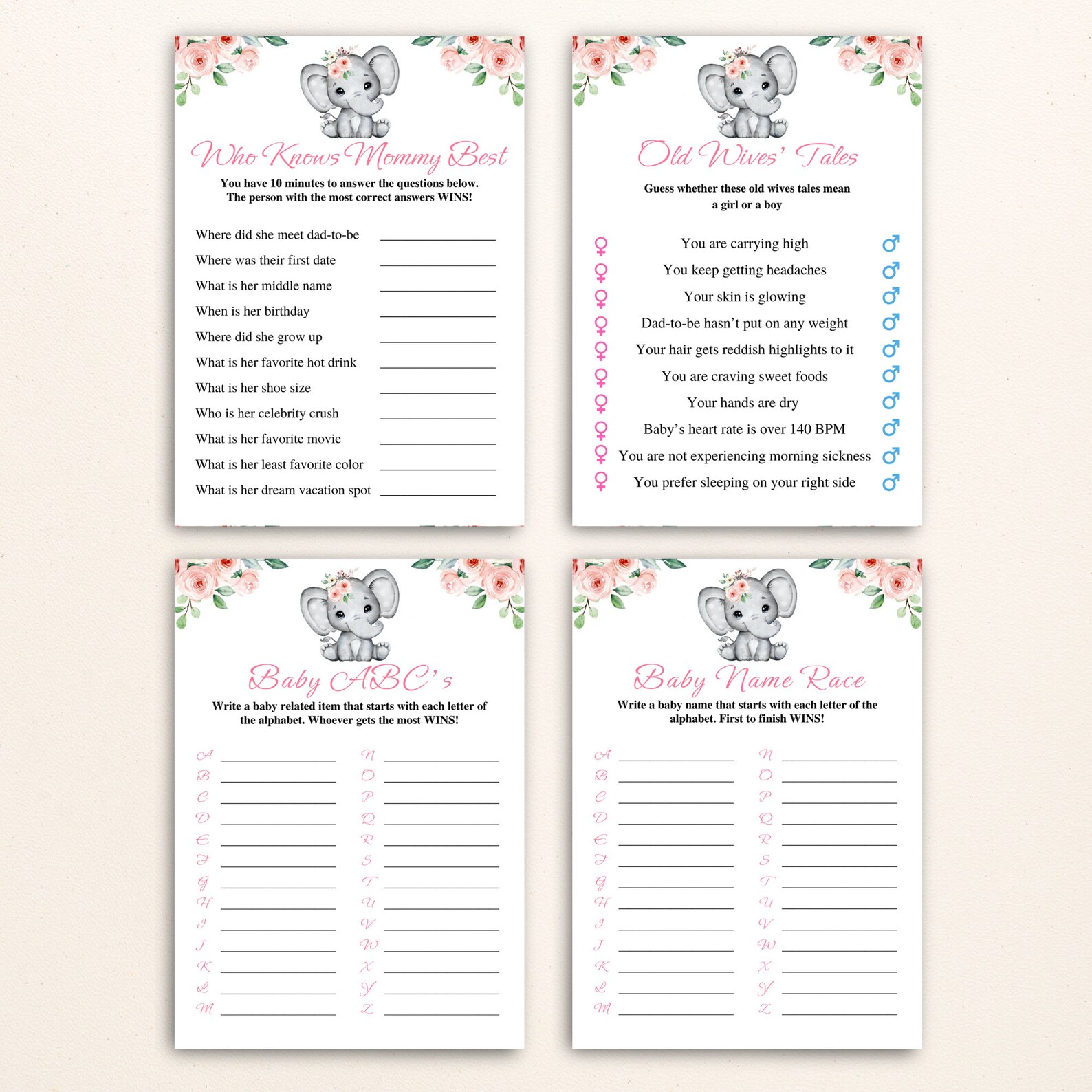 16 Printable Elephant Baby Shower Games, Floral Elephant Baby Shower ...