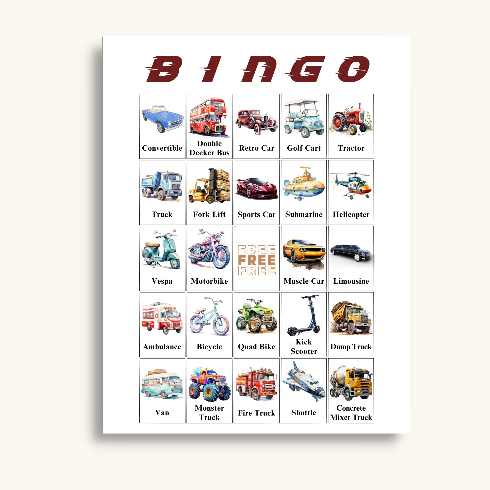 50 Printable Vehicle Bingo Cards Transport Picture Bingo Vehicle ...