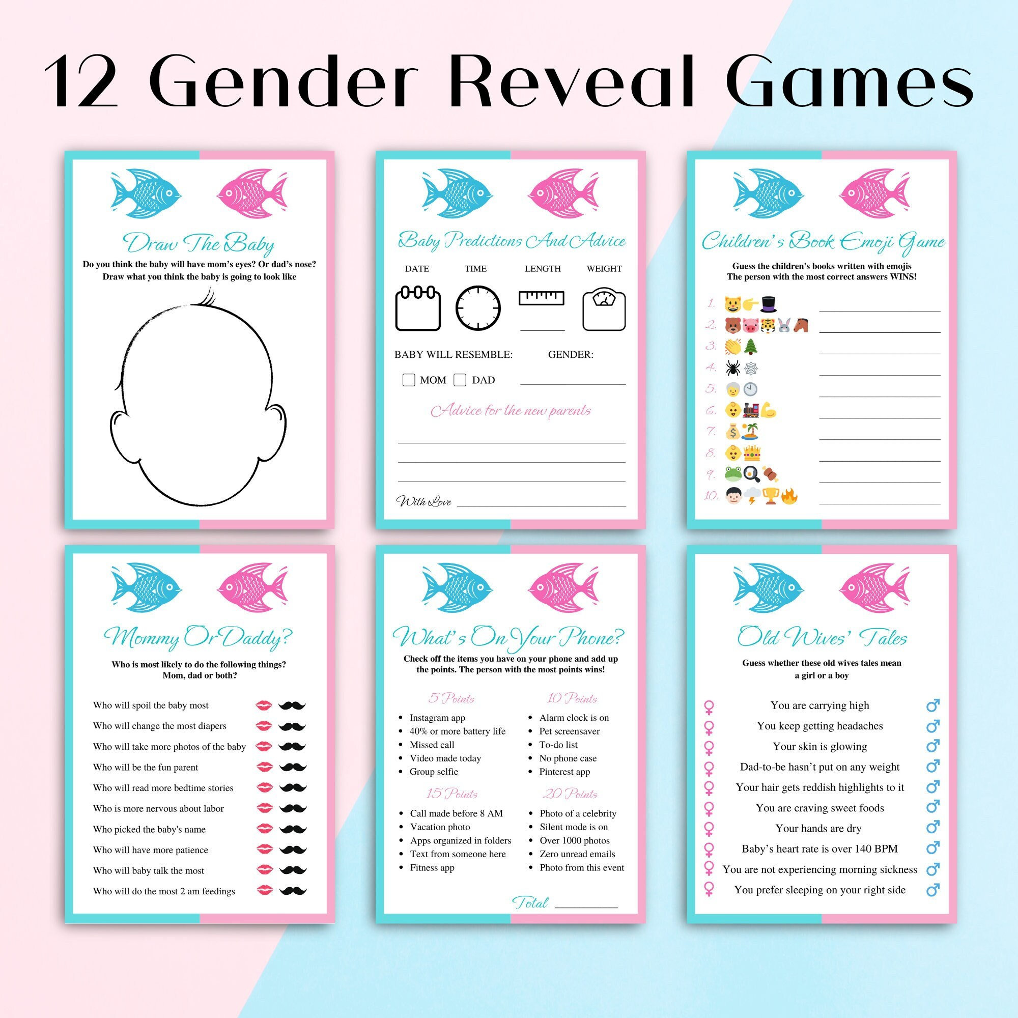 12 Printable Fish-she Fish-he Gender Reveal Games: Fishing Gender ...
