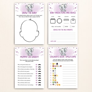16 Printable Elephant Baby Shower Games, Purple Baby Shower Game Bundle ...
