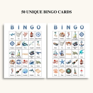 50 Printable Nautical Bingo Cards | Nautical Themed Picture Bingo Cards ...