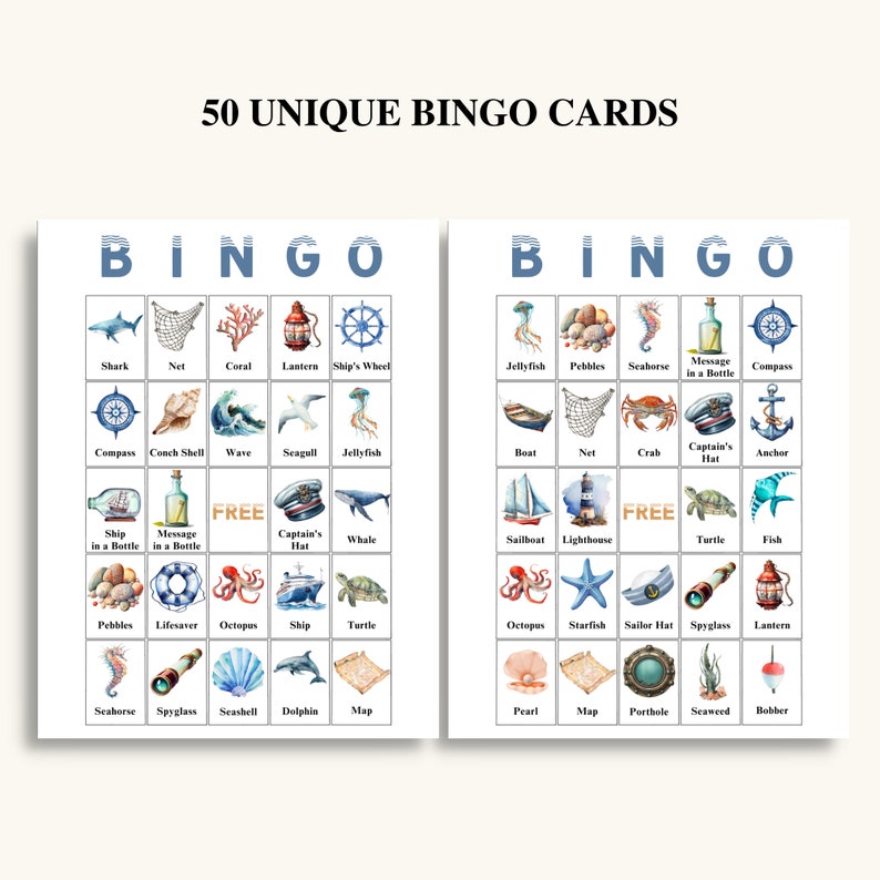 50 Printable Nautical Picture Bingo Cards, Nautical Birthday Party ...