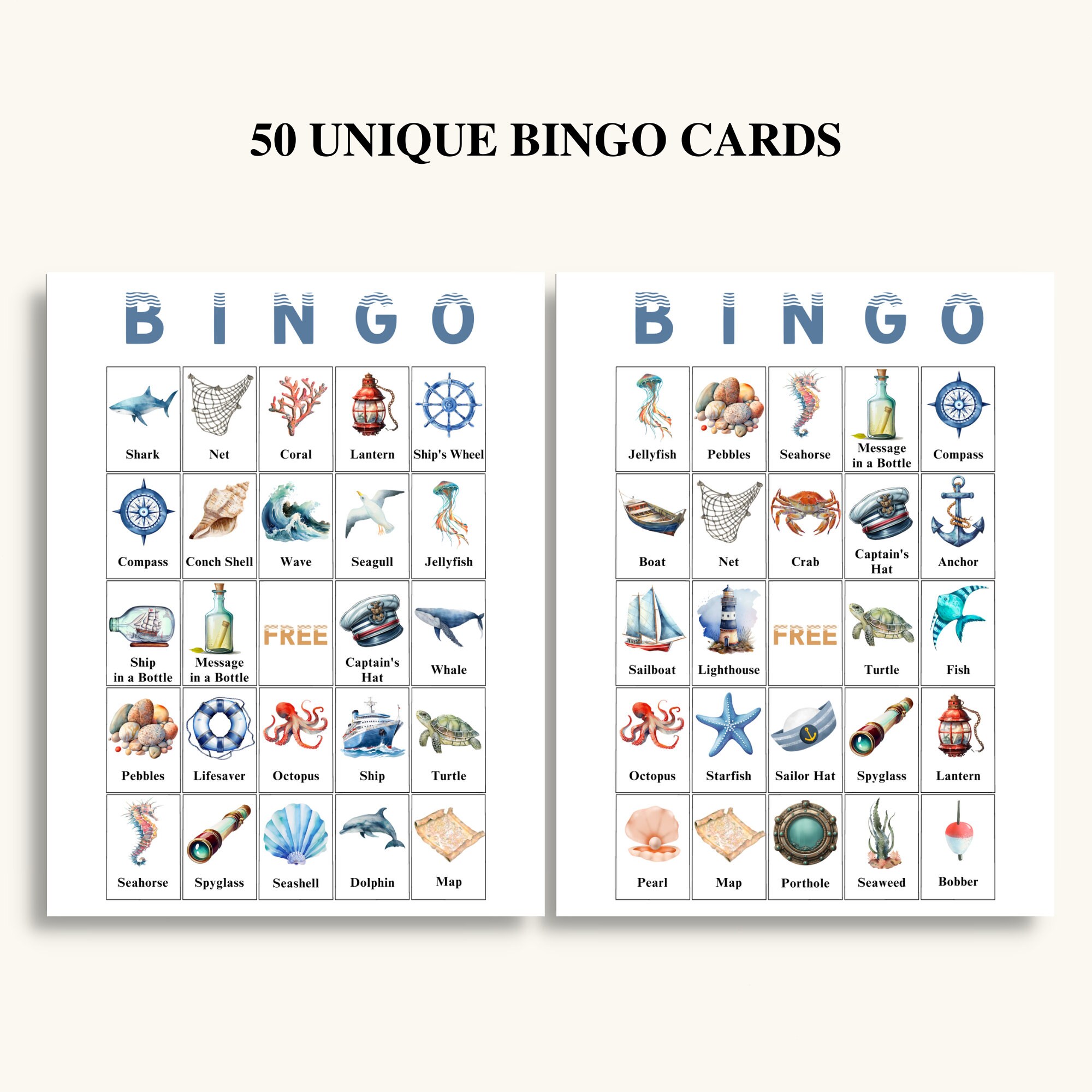 50 Printable Nautical Bingo Cards Nautical Themed Picture Bingo Cards ...