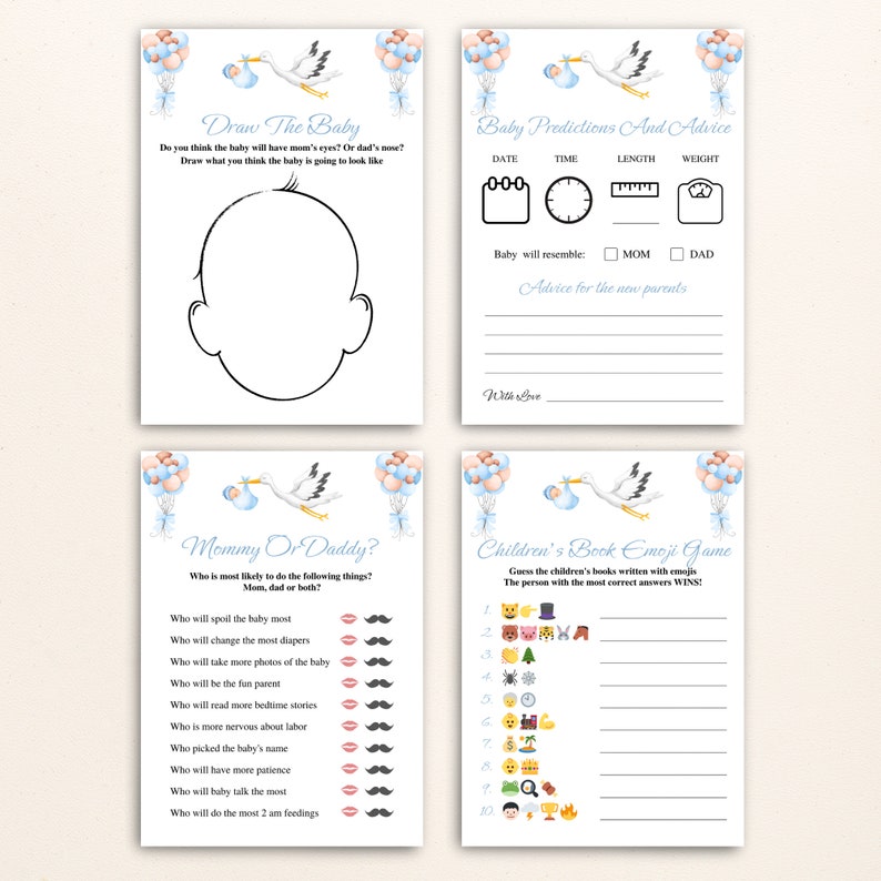 16 Printable Stork Baby Shower Games Blue Stork Theme Baby Shower Game ...
