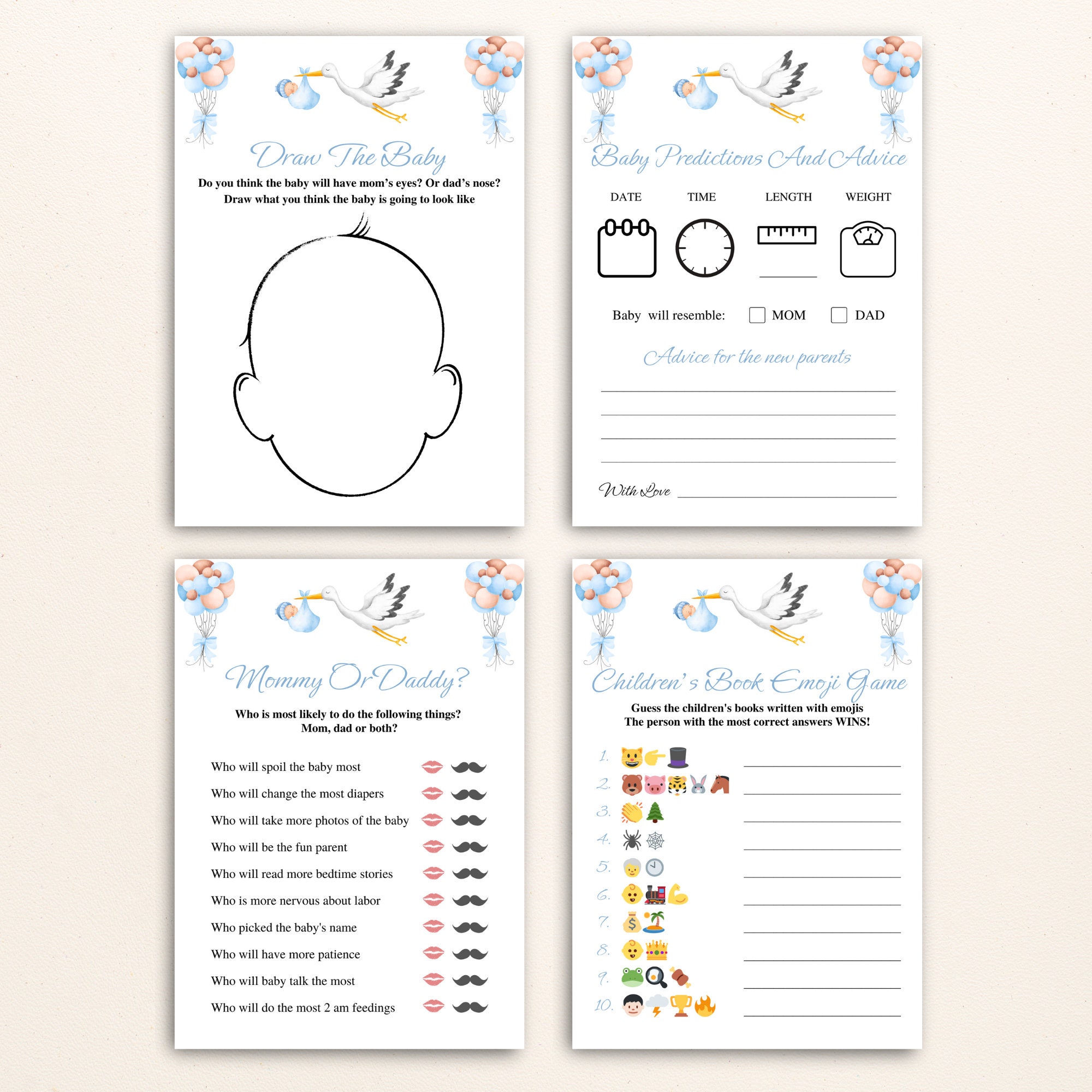 16 Printable Stork Baby Shower Games Blue Stork Theme Baby Shower Game ...