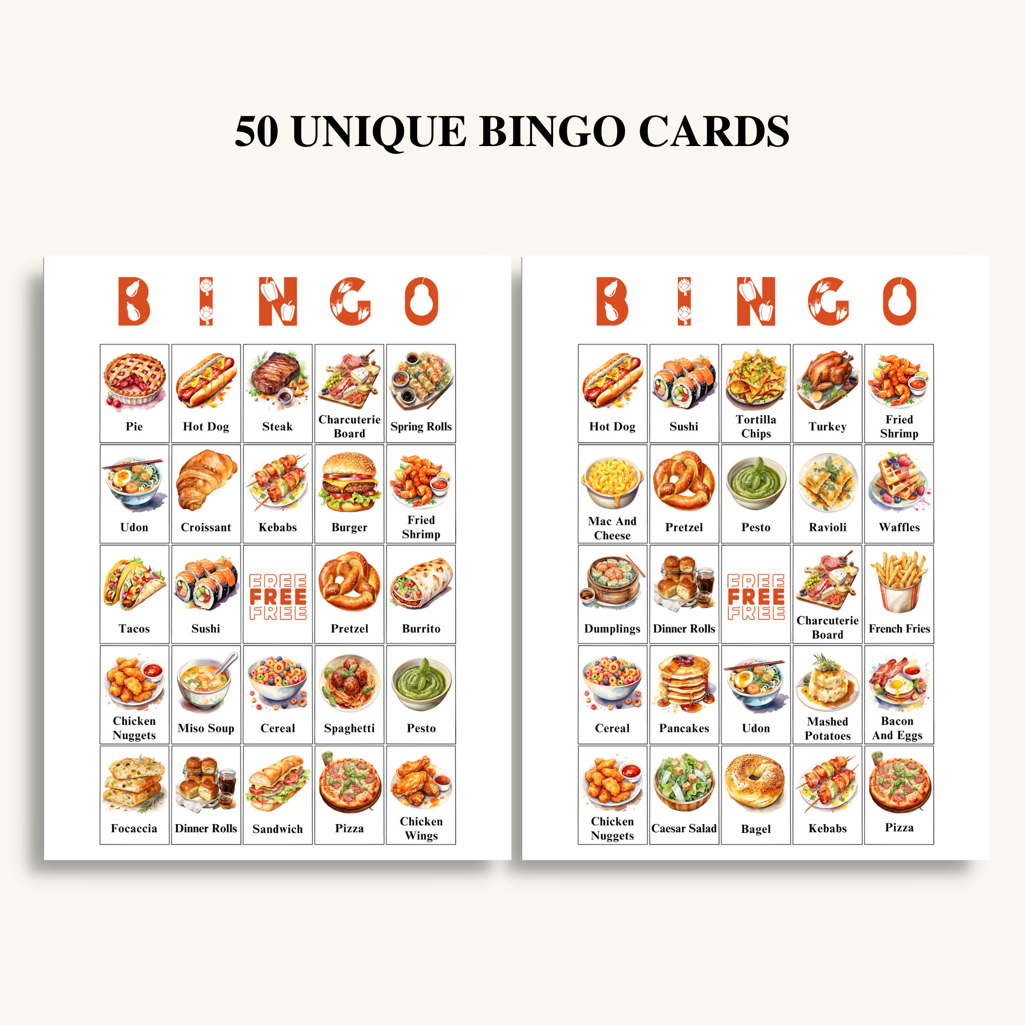 50 Printable Food Bingo Cards | Food Picture Bingo | Birthday Party ...