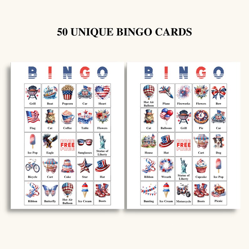 50 Printable 4th of July Bingo Cards | Independence Day Picture Bingo ...