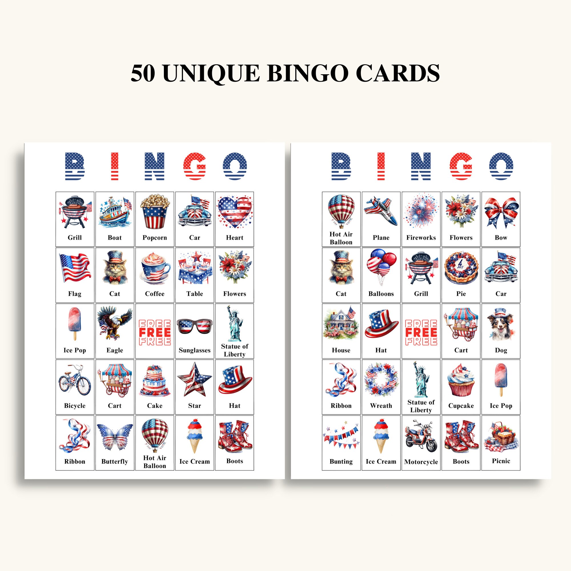 50 Printable 4th of July Bingo Cards | Independence Day Picture Bingo ...