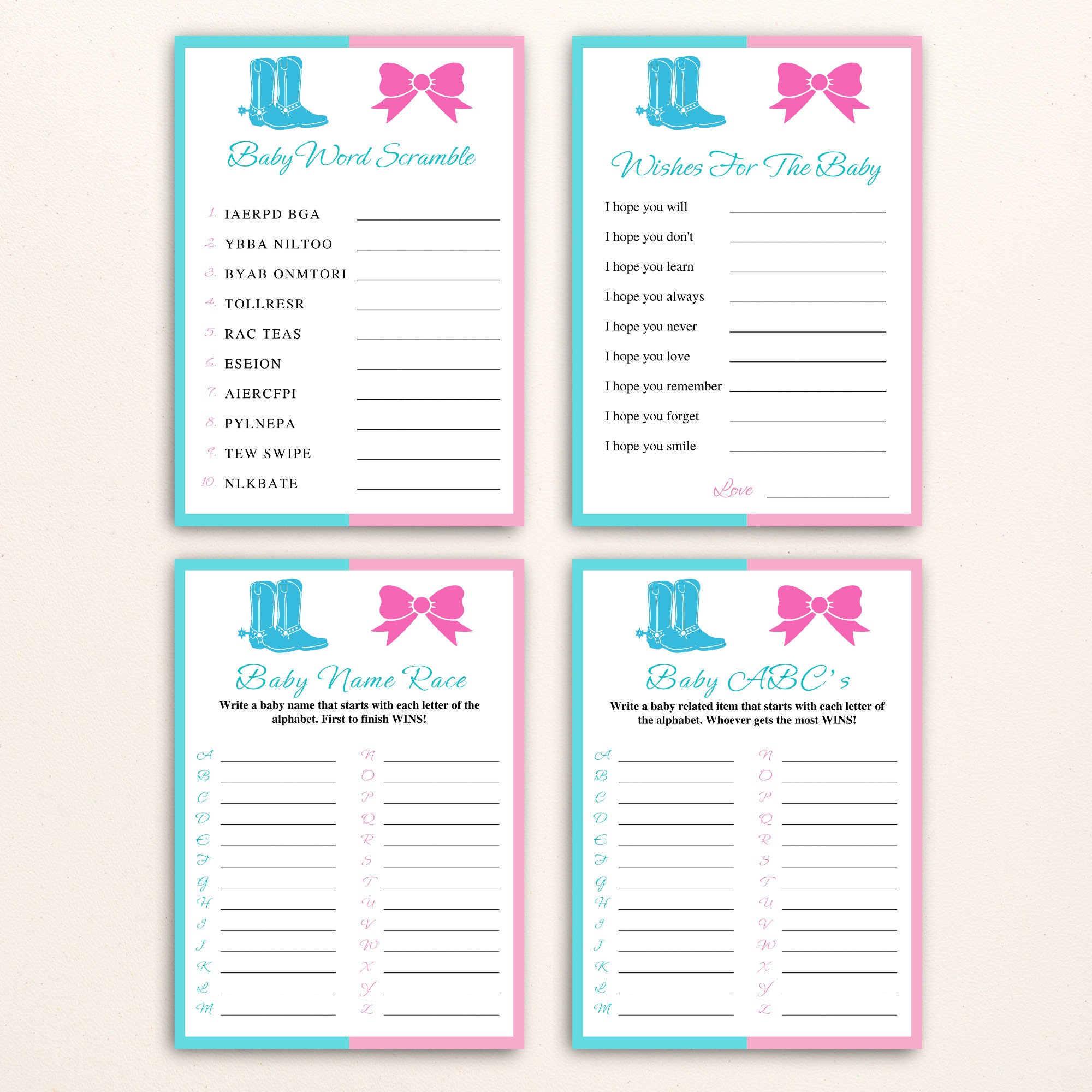 12 Printable Boots or Bows Gender Reveal Games Pink and Blue - Etsy