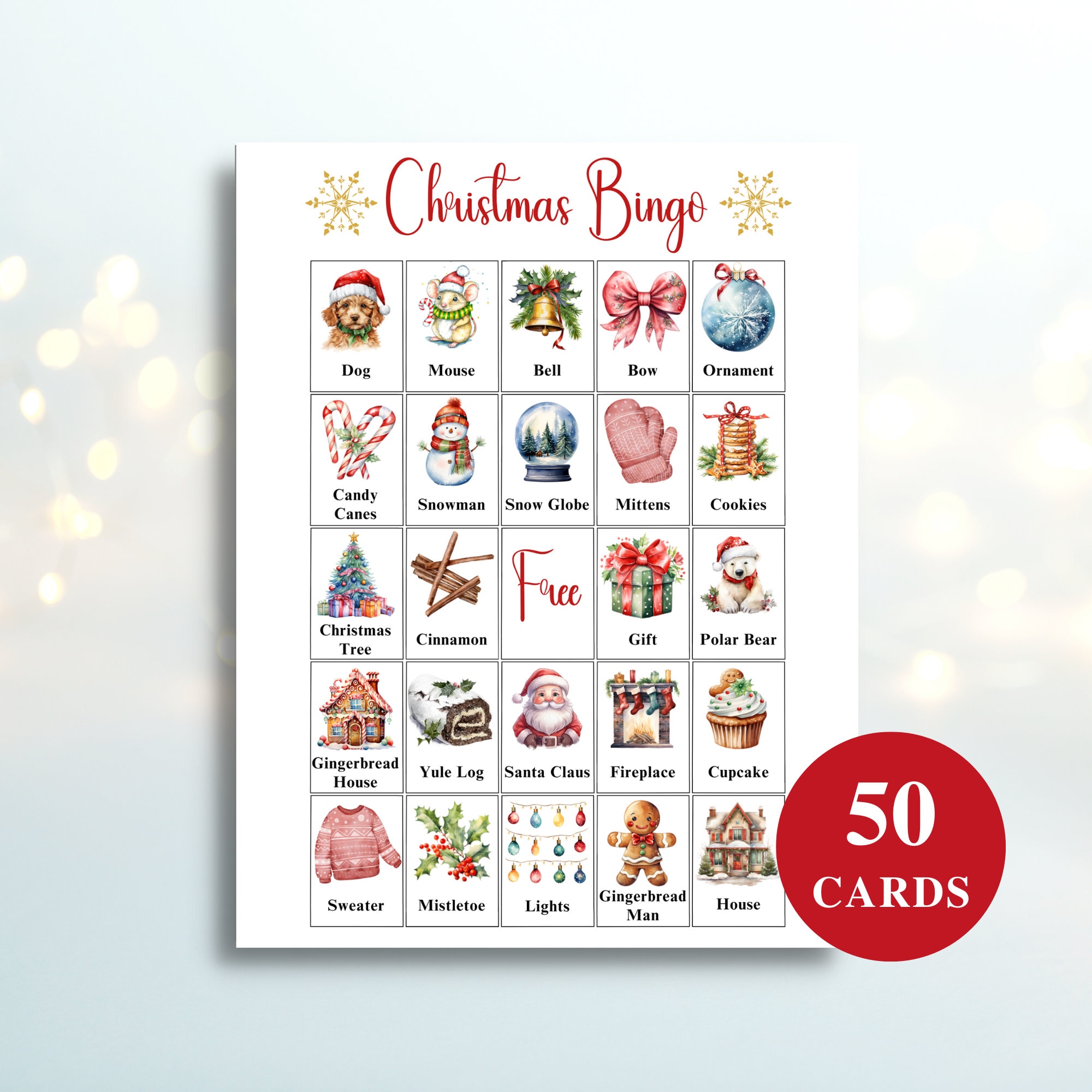 50 Printable Christmas Bingo Cards, Christmas Picture Bingo, Christmas ...
