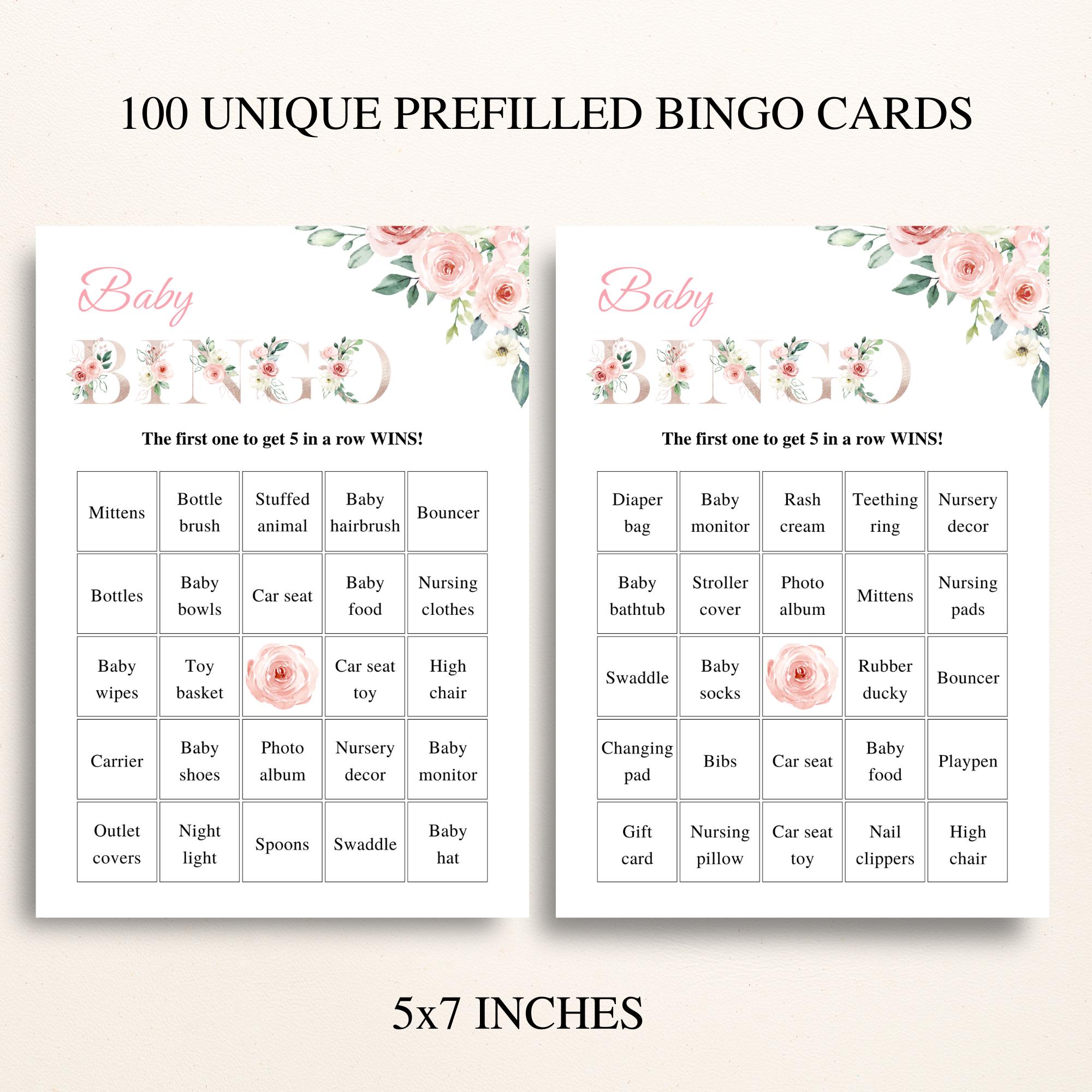 100 Printable Floral Baby Shower Bingo Cards: Prefilled Gift Bingo ...