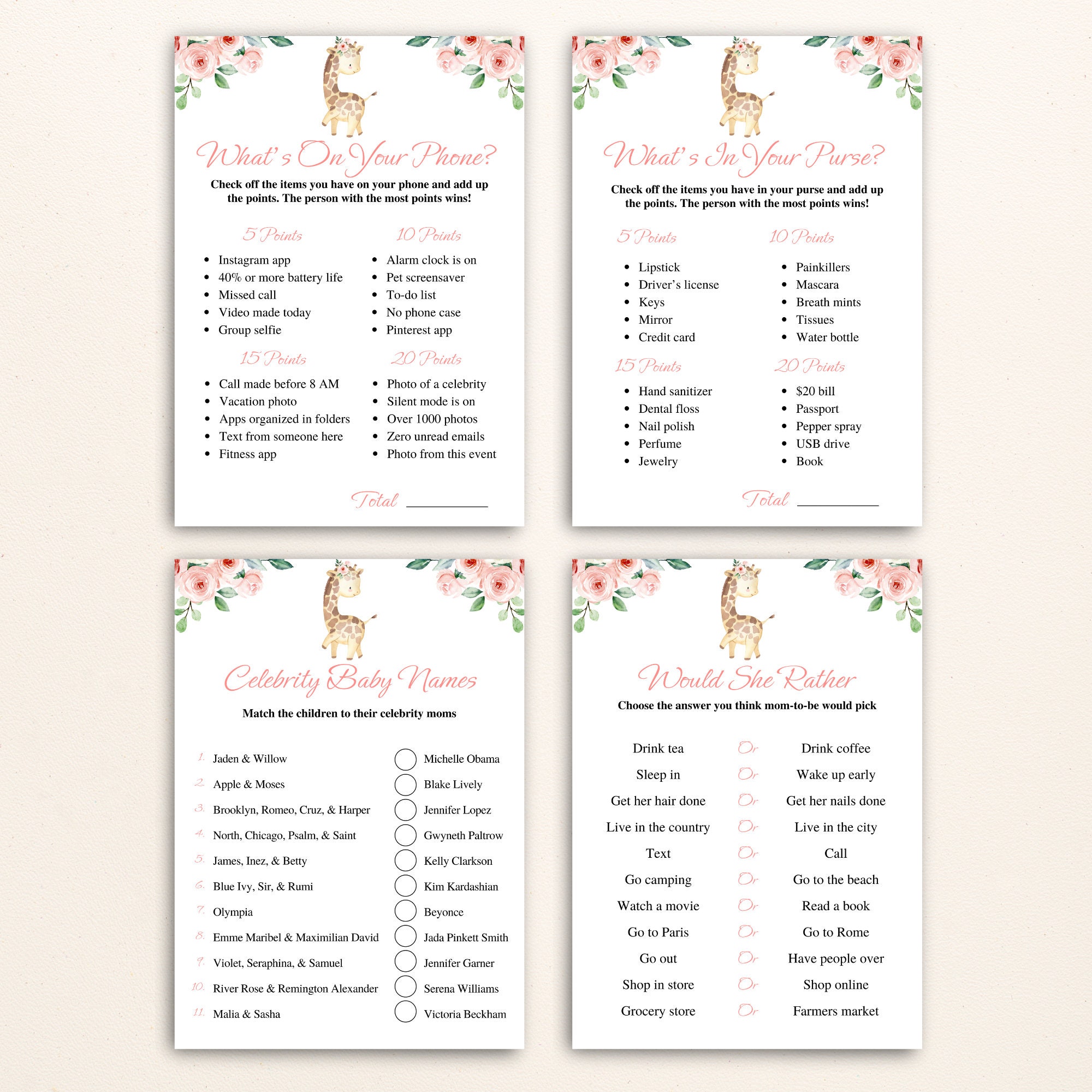 16 Printable Pink Giraffe Baby Shower Games Floral Safari Baby Shower ...