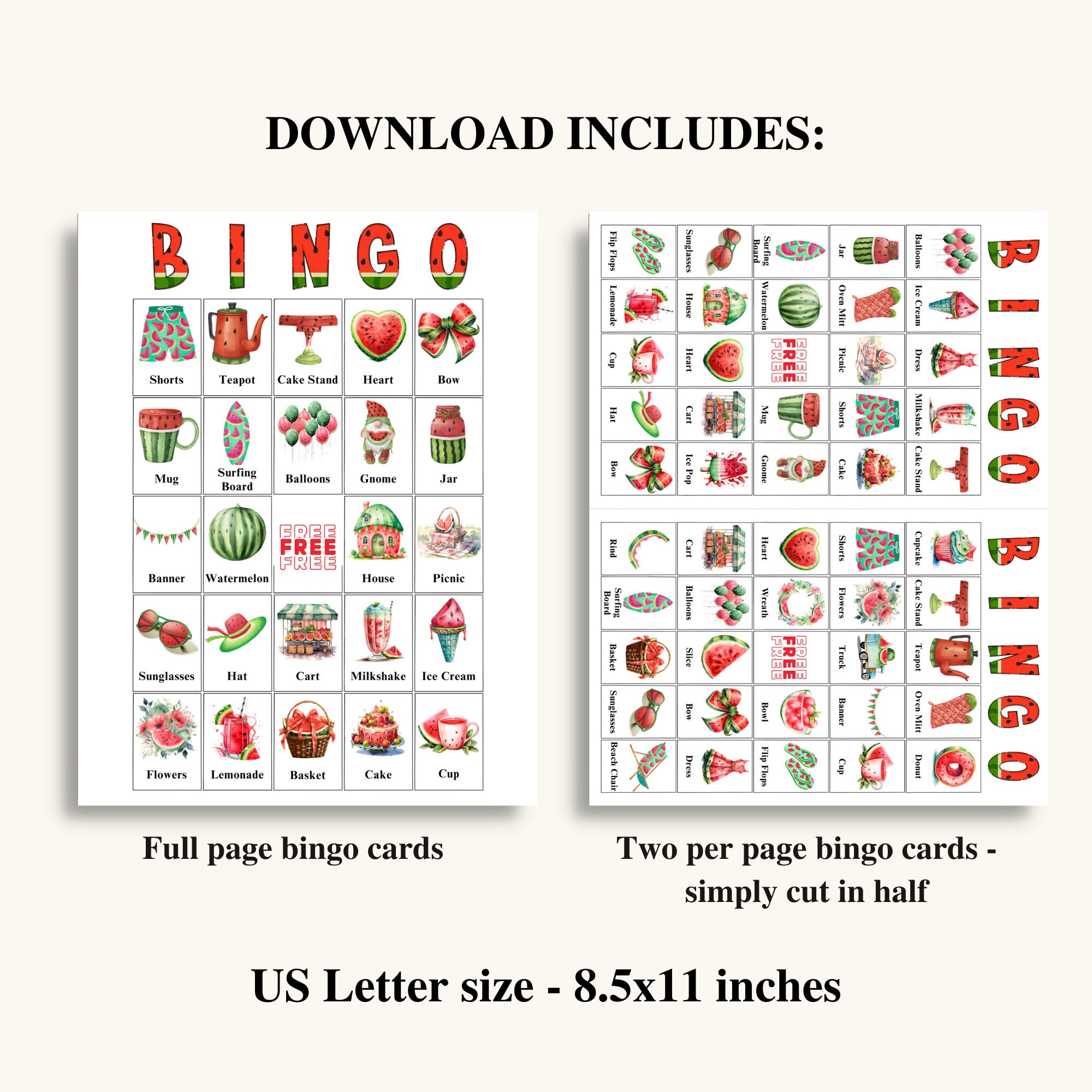 50 Printable Watermelon Bingo Cards Watermelon Themed Picture Bingo One ...