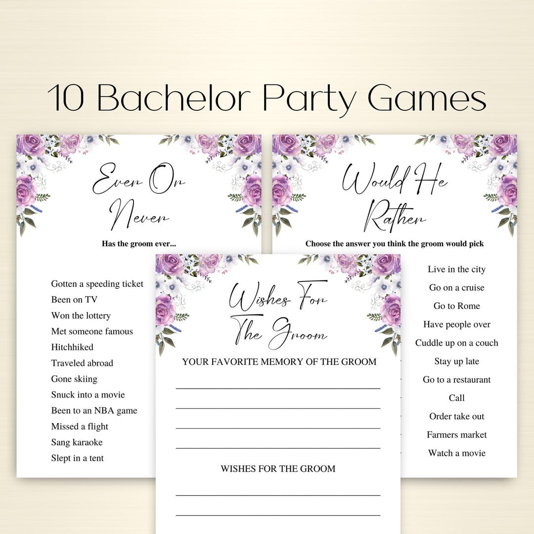 10 Printable Bachelor Party Games, Purple Floral Bachelor Party Games ...