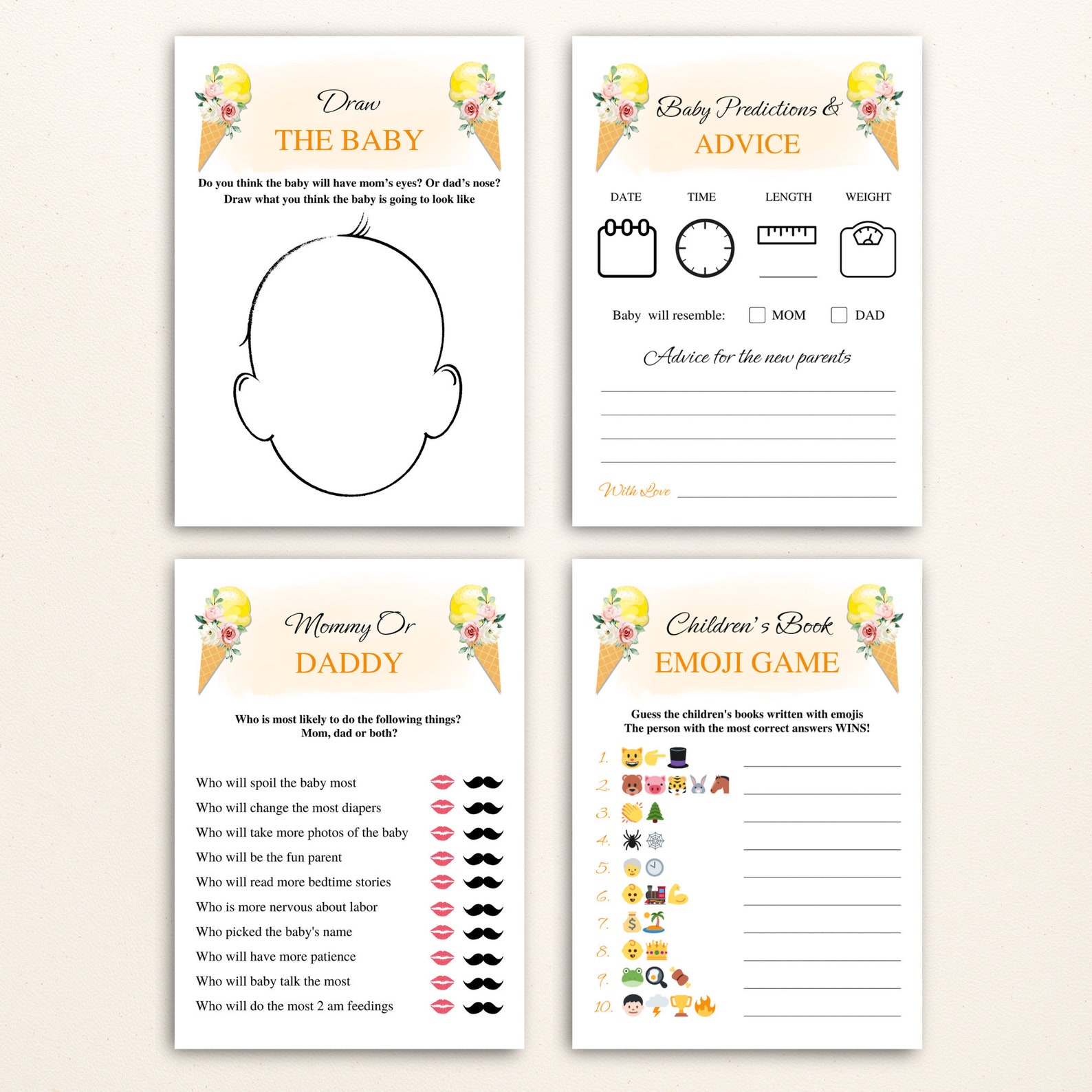 16 Printable Ice Cream Baby Shower Games, Heres the Scoop Baby Shower ...