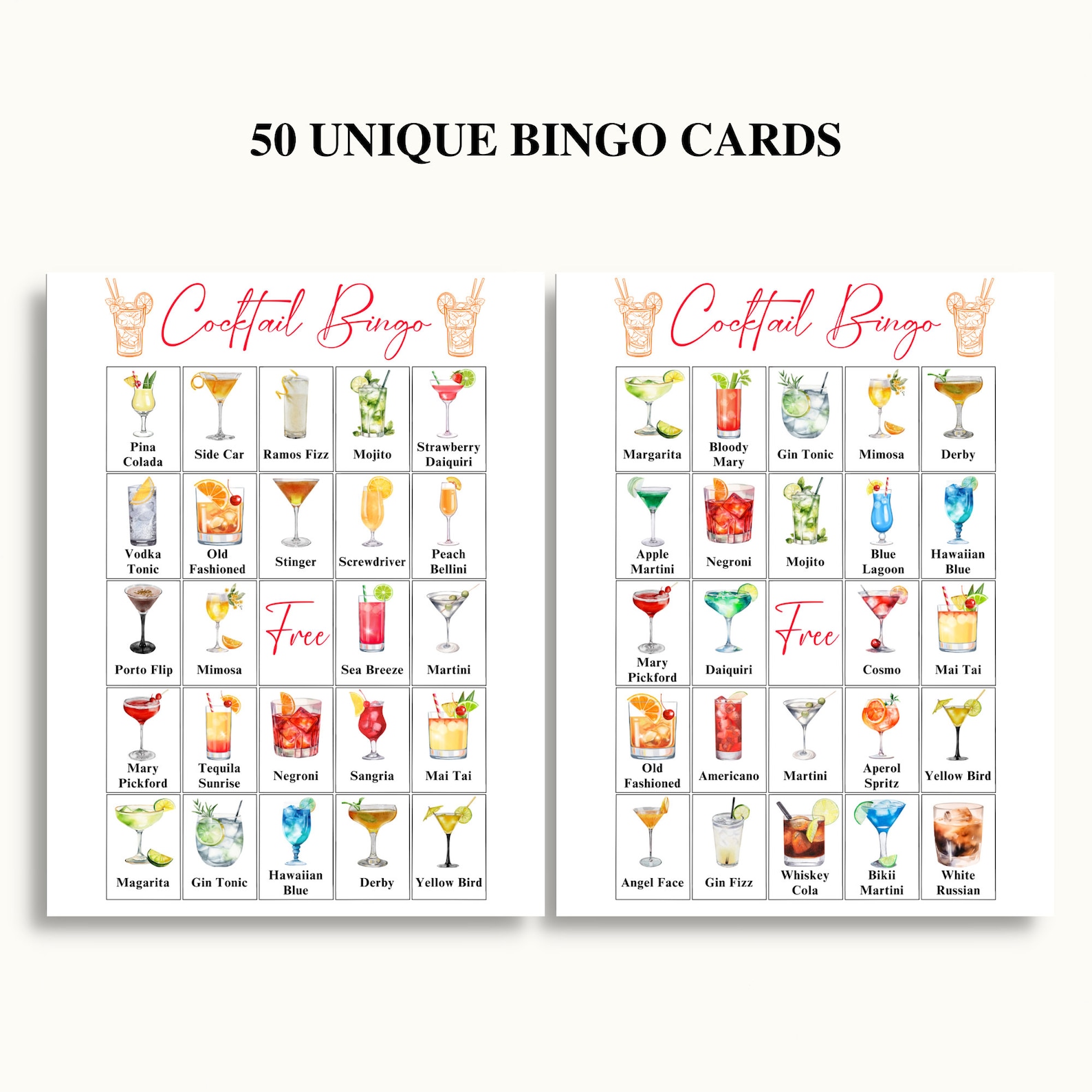 50 Printable Cocktail Bingo Cards Cocktail Themed Bingo Cards for A ...
