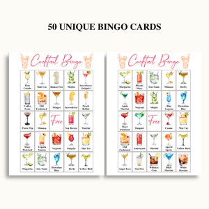 50 Printable Cocktail Bingo Cards | Cocktail Themed Bingo Cards for A ...