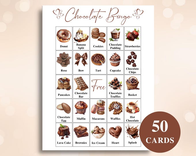 50 Printable Chocolate Picture Bingo Cards, Birthday Party Games ...