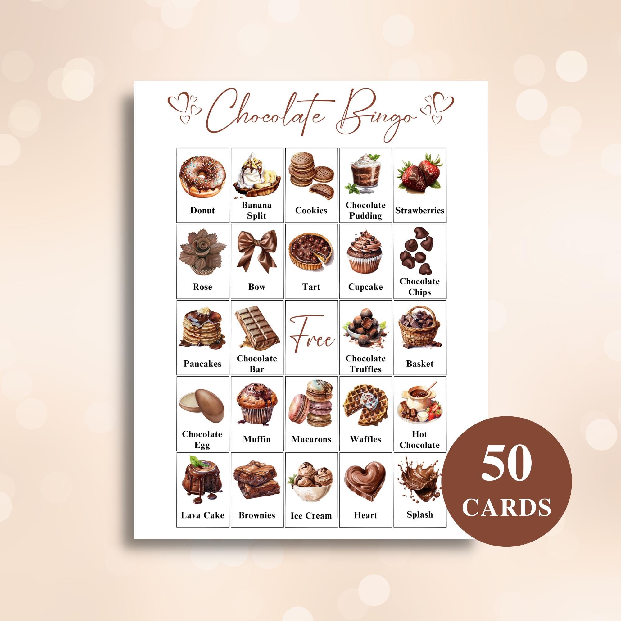 50 Printable Chocolate Picture Bingo Cards, Birthday Party Games ...