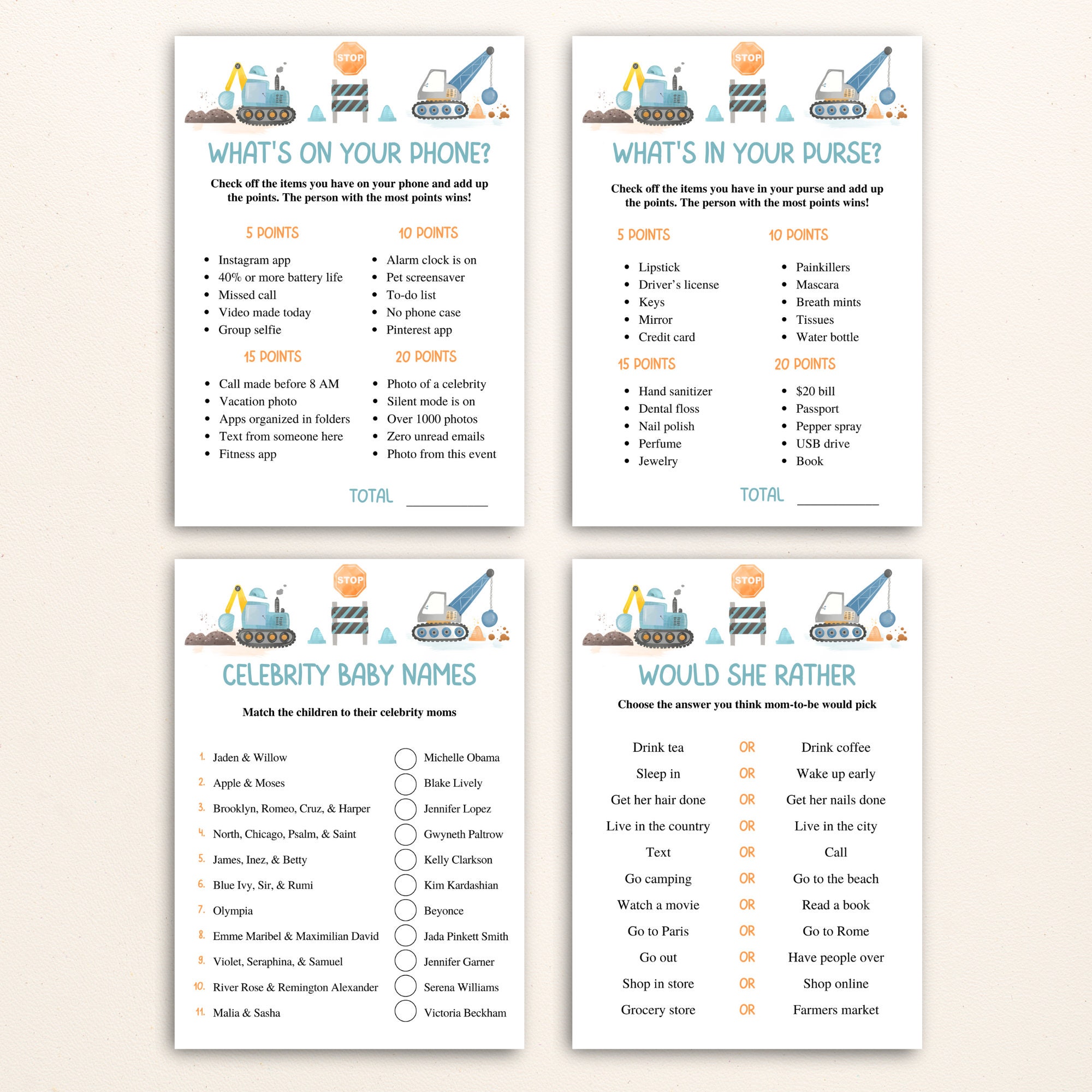 16 Printable Construction Baby Shower Games Construction Theme Baby ...