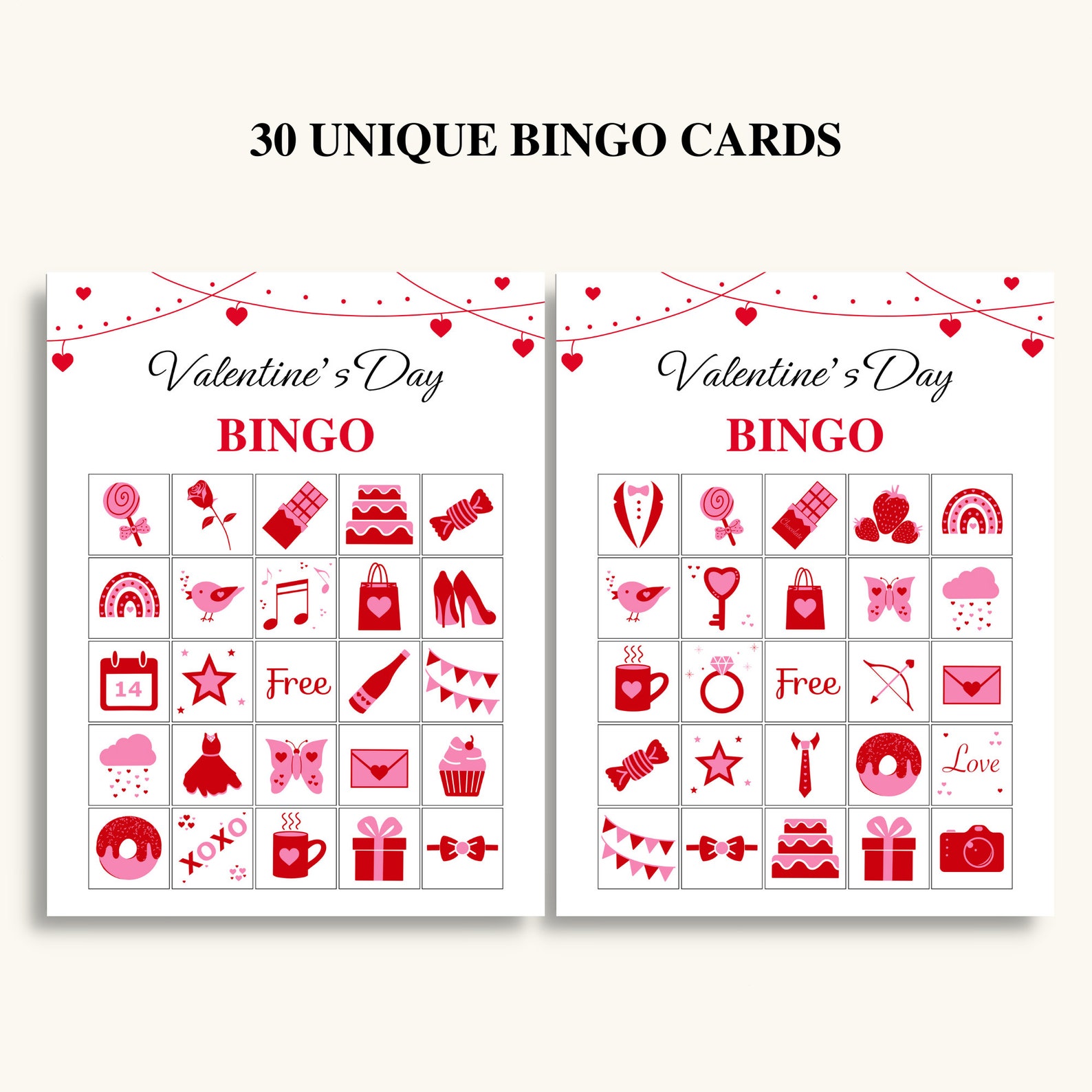 30 Printable Valentine's Day Bingo Cards | Valentine's Day Games ...