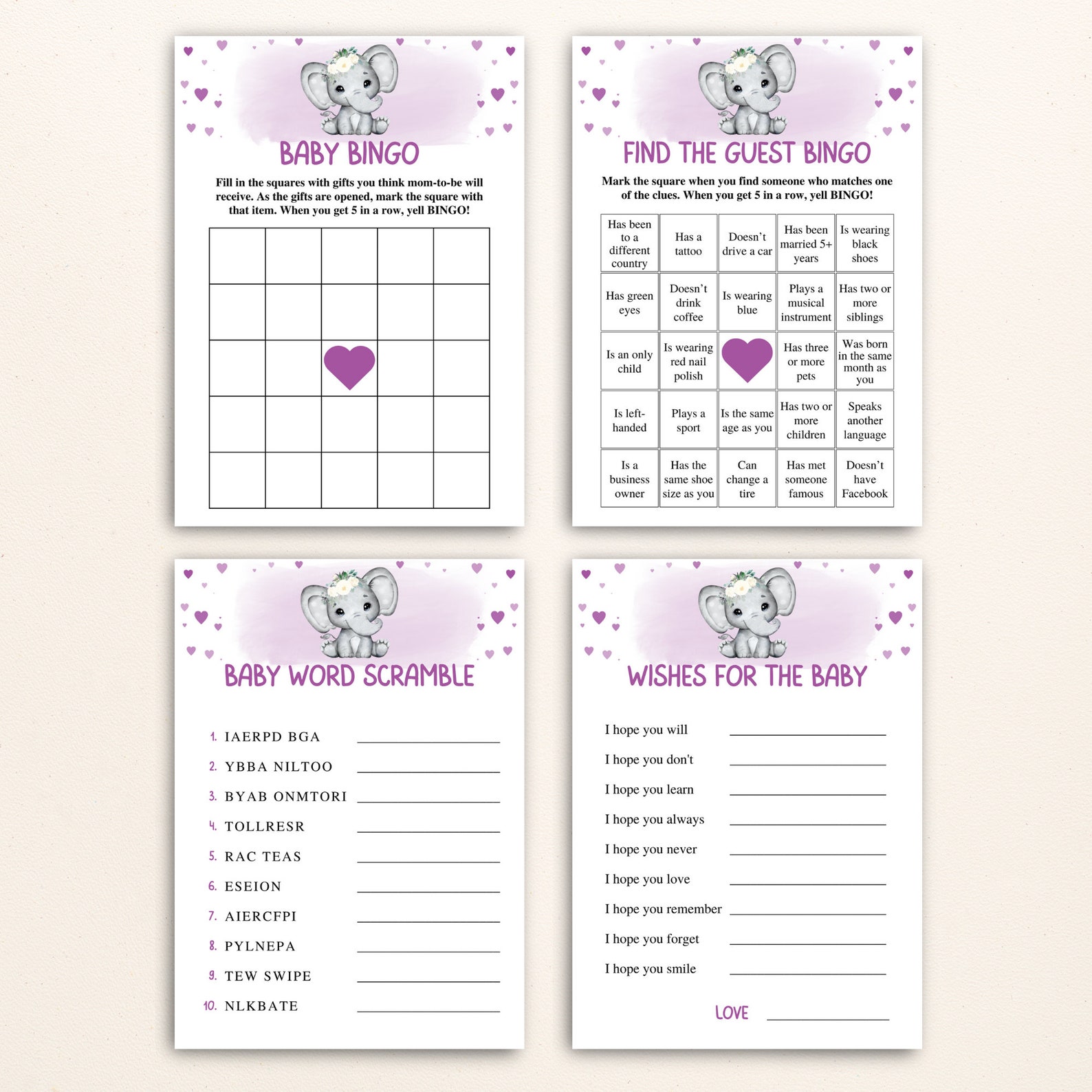 Printable Purple Elephant Baby Shower Games: Little Peanut Theme, 16 ...