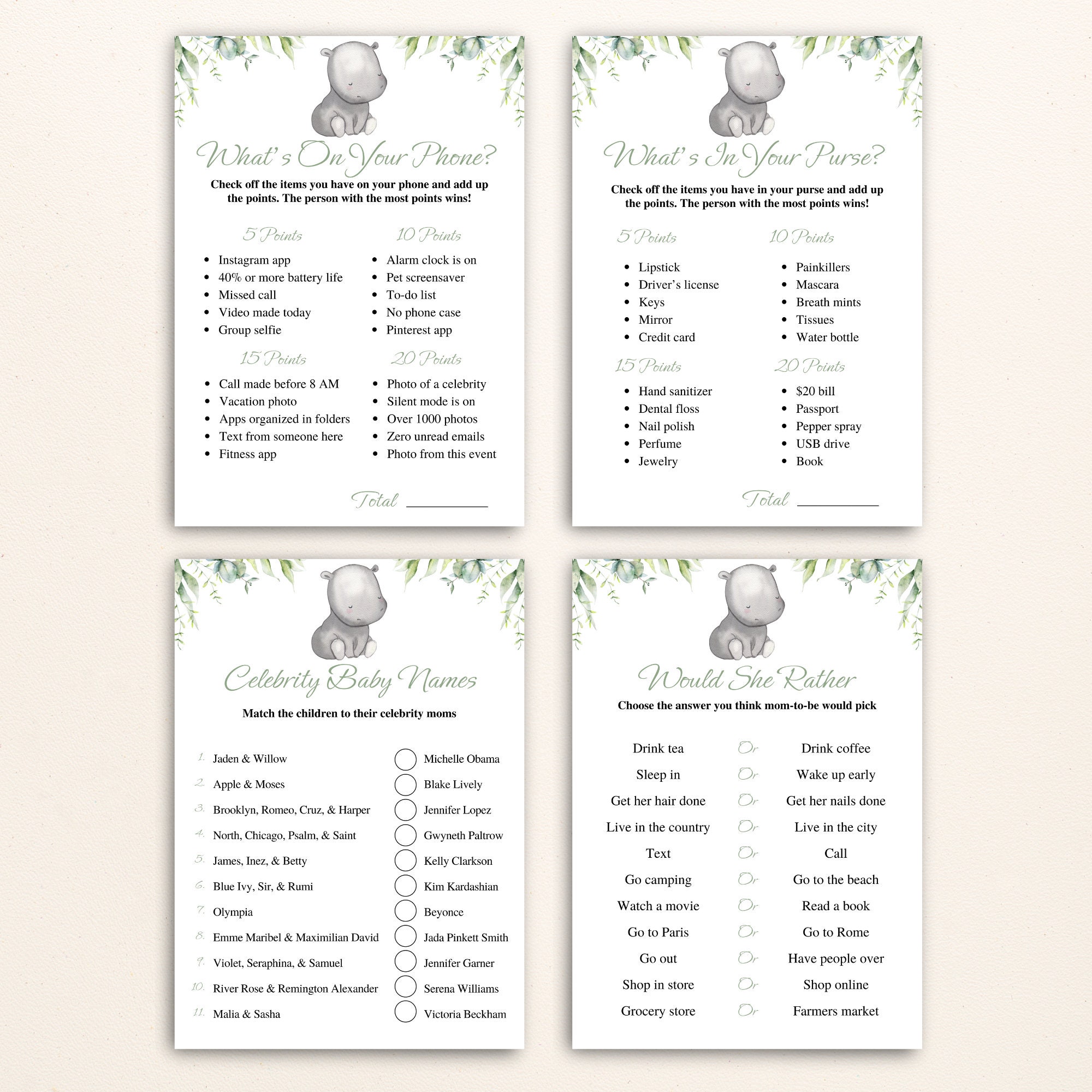 16 Printable Hippo Baby Shower Games Jungle Baby Shower Game Bundle ...