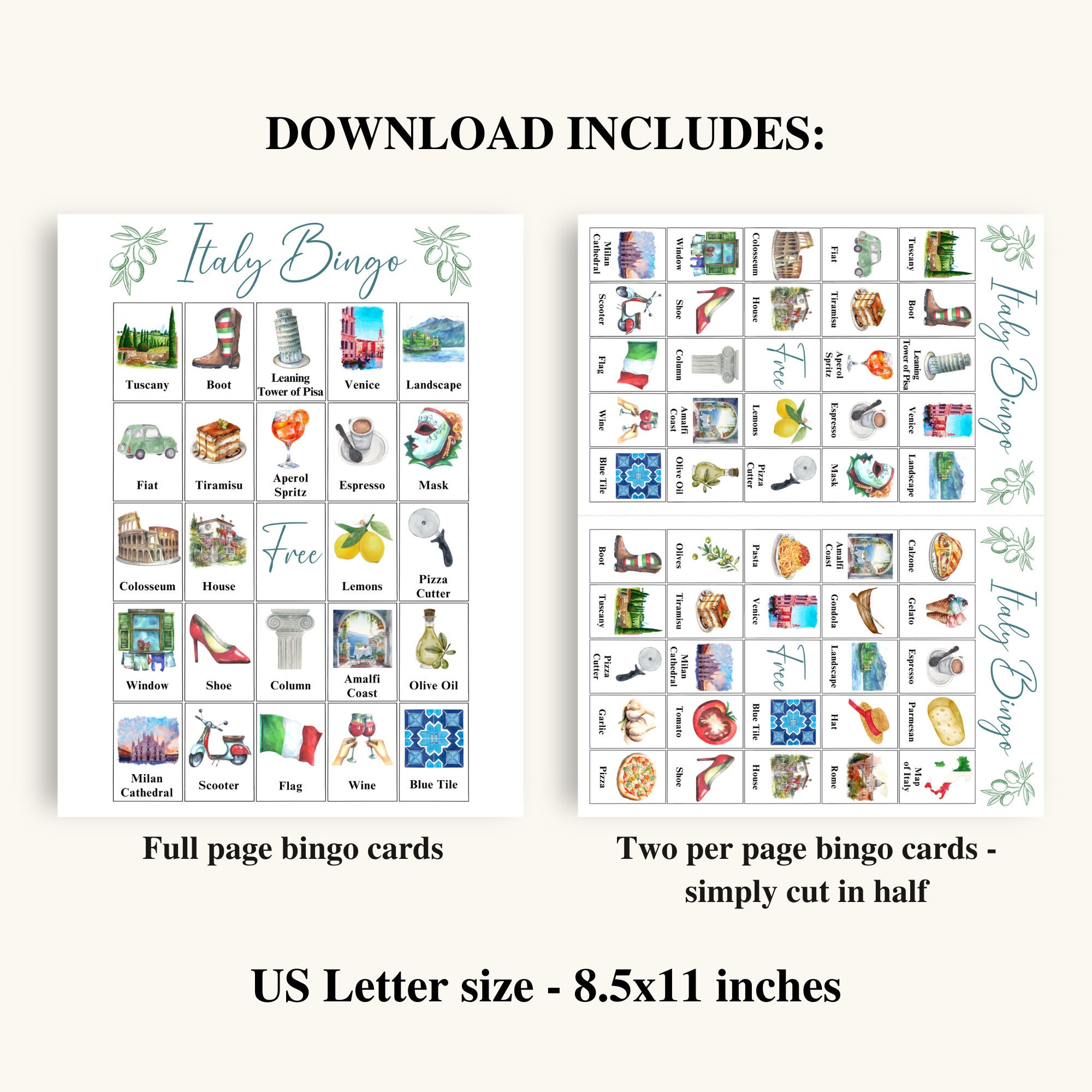 50 Printable Italy Picture Bingo Cards, Italian Bridal Shower Games ...