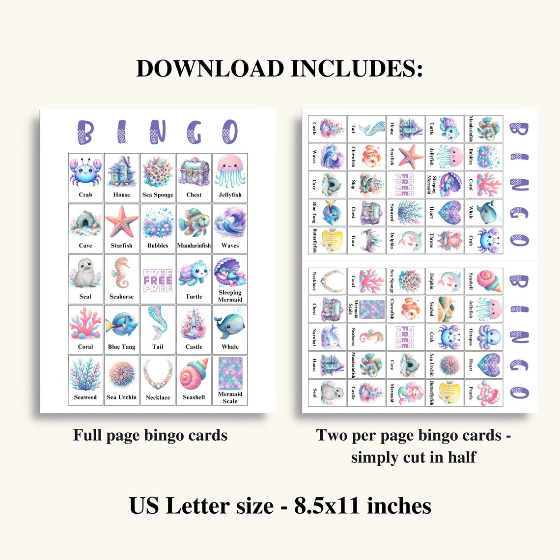 50 Printable Mermaid Bingo Cards, Mermaid Picture Bingo, Mermaid ...
