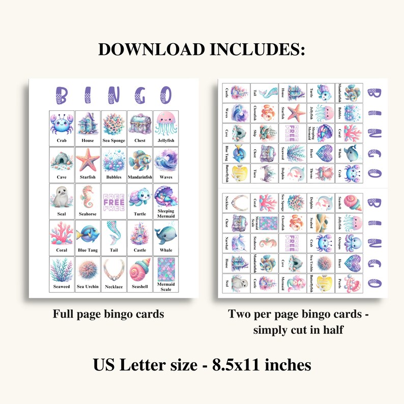 50 Printable Mermaid Bingo Cards, Mermaid Picture Bingo, Mermaid ...